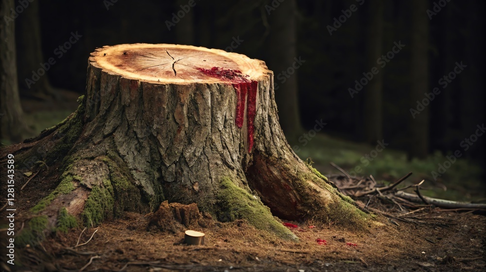 Tree stump in forest with red sap resembling blood, highlighting ...