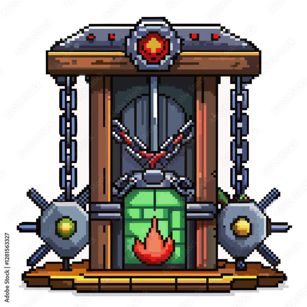 Pixel Art Medieval Gate with Chains, Spikes, and Fire for Game Design ...