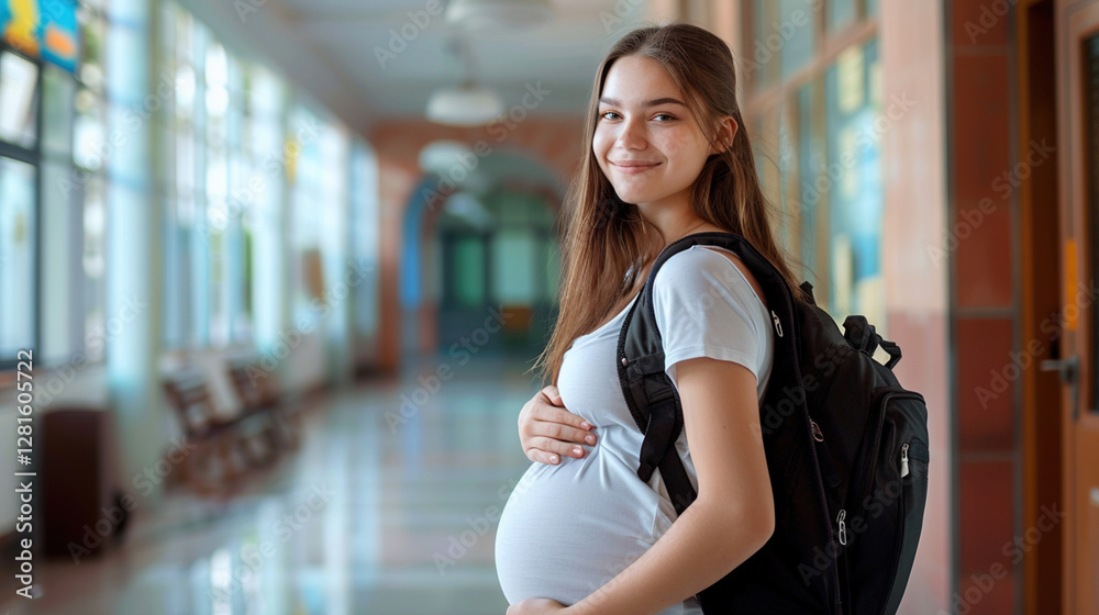 A teenage girl in school uniform gently cradles her pregnant with ...