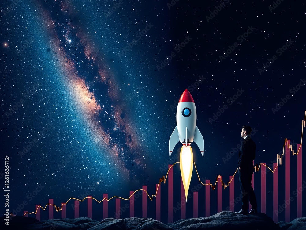 Businessman analyzing stock trade chart with space rocket launching ...