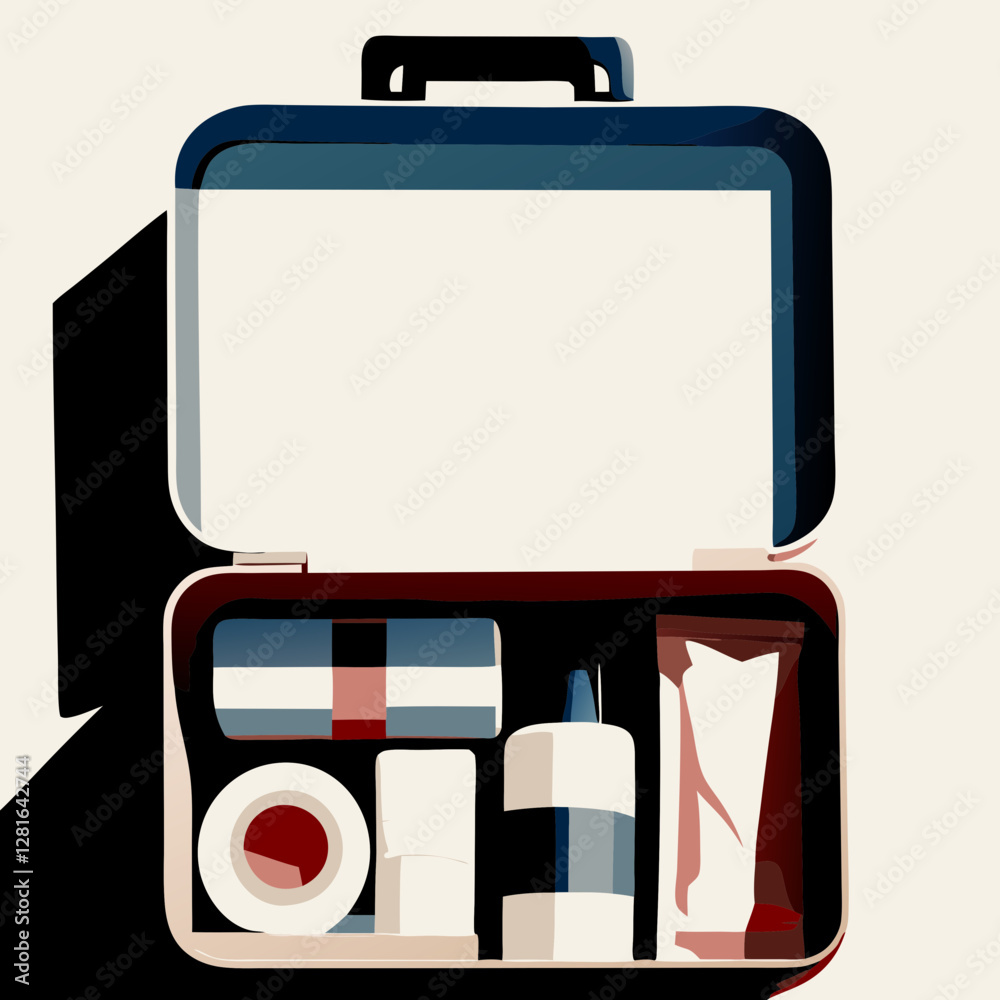 Stylized open first aid kit displaying organized medical supplies in ...