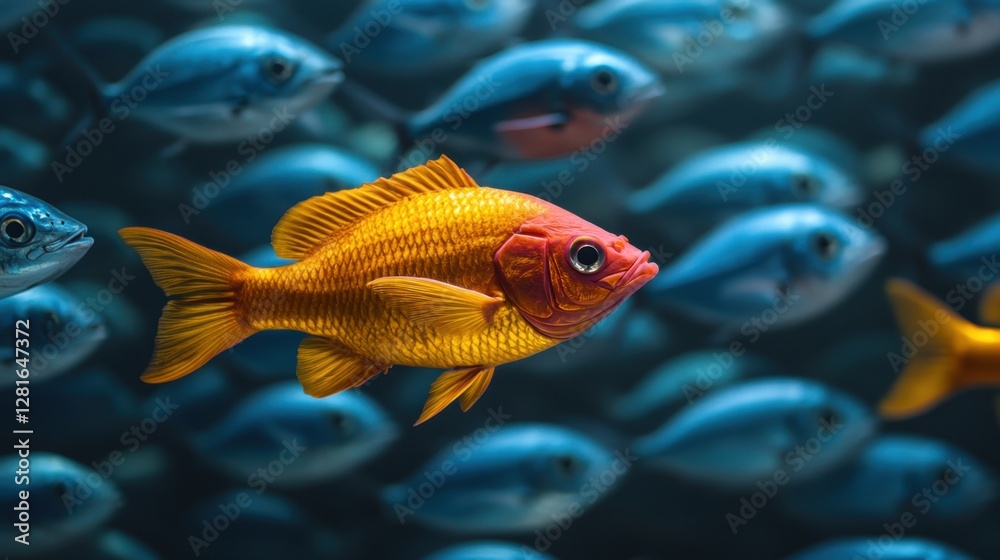Vivid red fish breaking from school of blue fish underwater scene ...