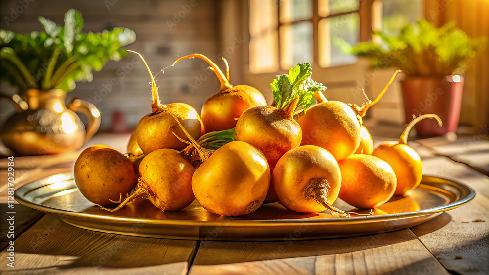 Golden beetroots cluster on a ceramic platter. Light accentuates their ...