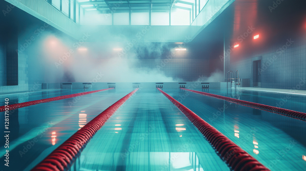 Side view of indoor Olympic swimming pool, red lane lines, starting ...