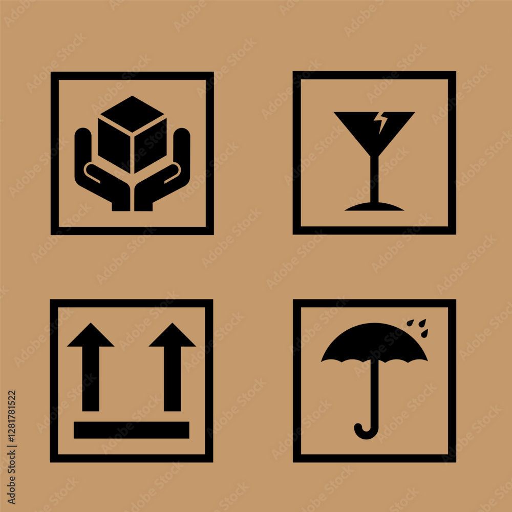Packaging and warning symbols set, fragile cargo icons, fragile package warning signs umbrella ...