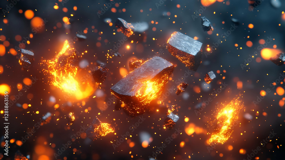 Abstract explosion of shattered rocks with fire and sparks. Possible ...