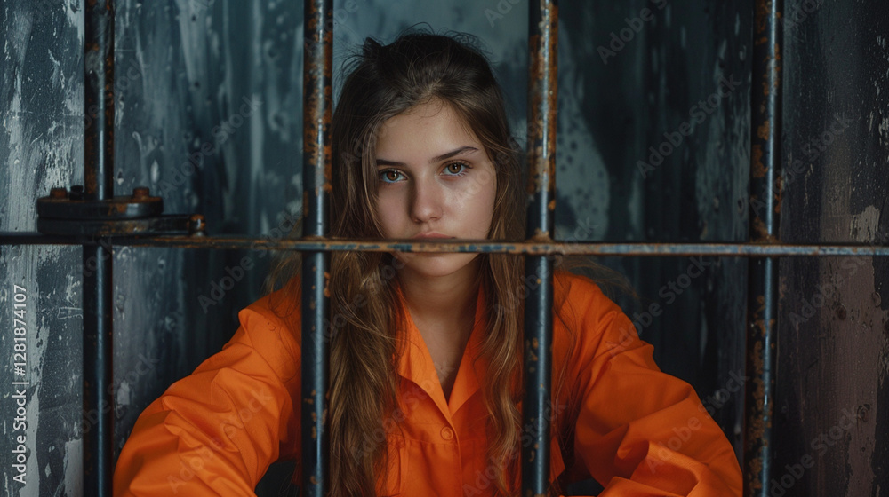 Child teenager in an orange prison uniform sitting behind bars ...