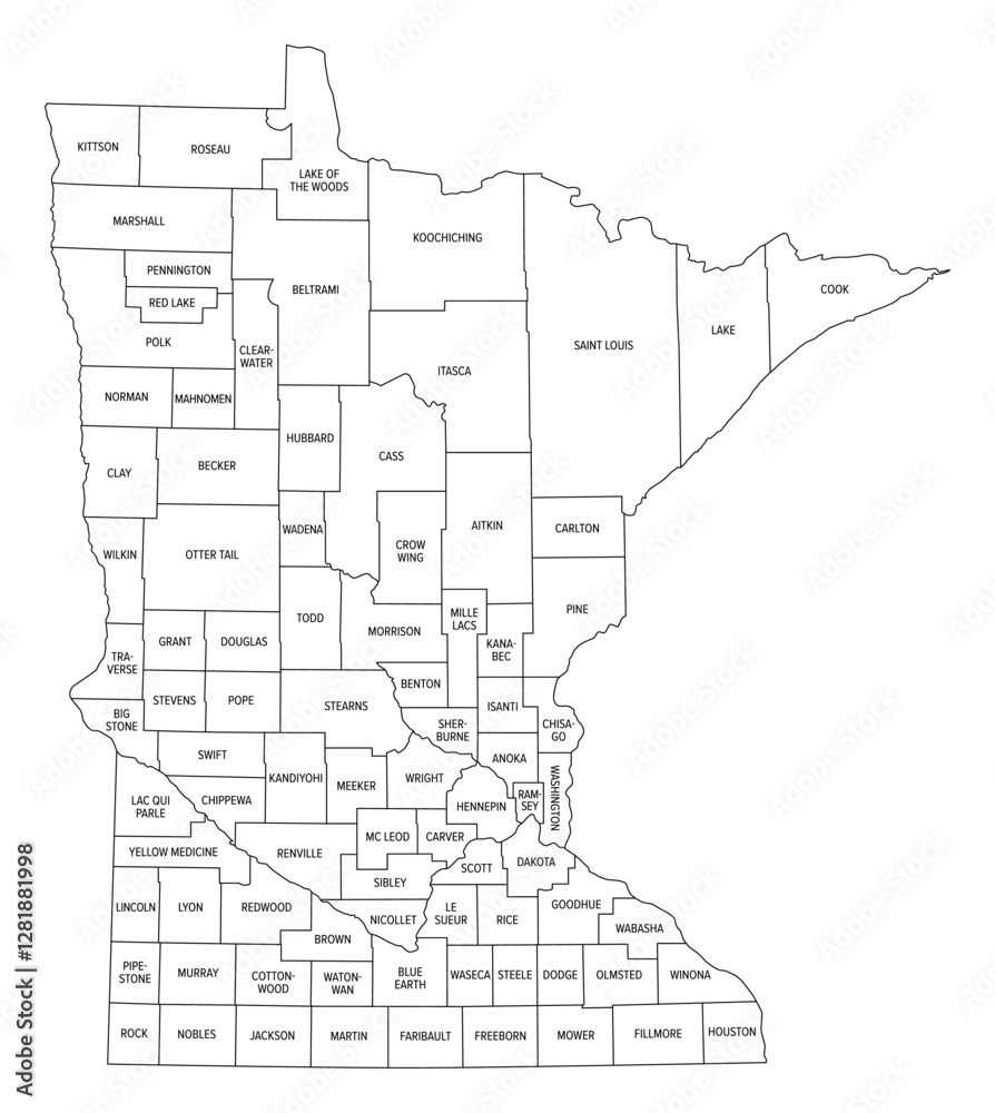 State of Minnesota subdivided into 87 counties, outline map. State in ...