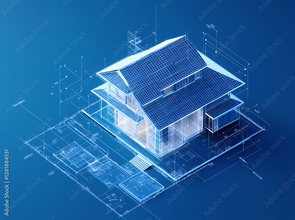 blueprint of a two-story house with grid lines on a blue background ...