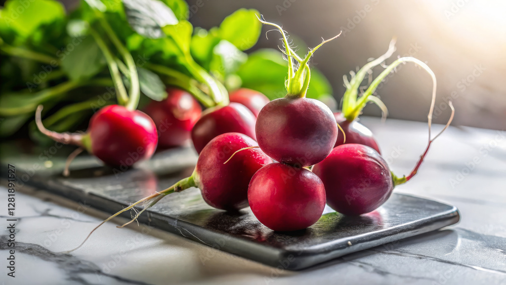 Jet-black radishes contrast a white marble slab. Sunlight highlights ...