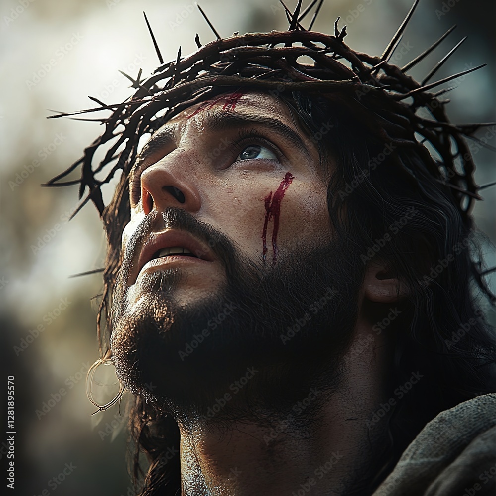 Jesus Christ, wearing a crown of thorns, cries out in pain. Golden ...