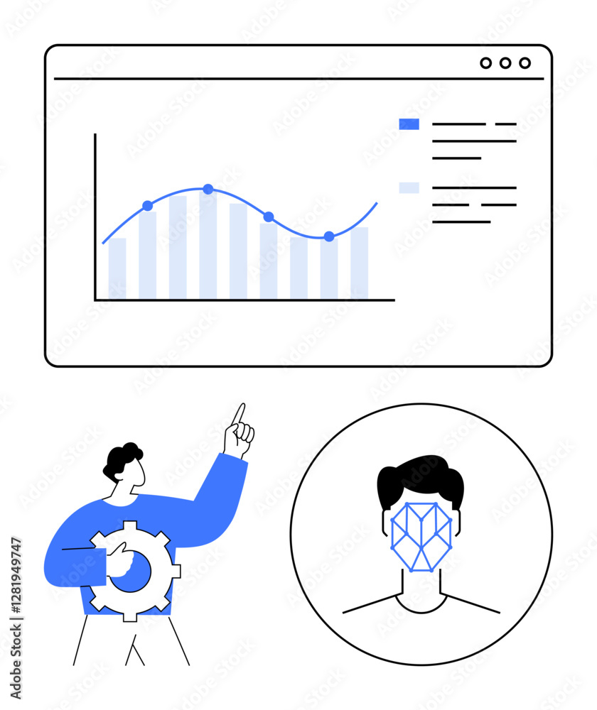 Analytics dashboard with chart and data, face recognition outline ...