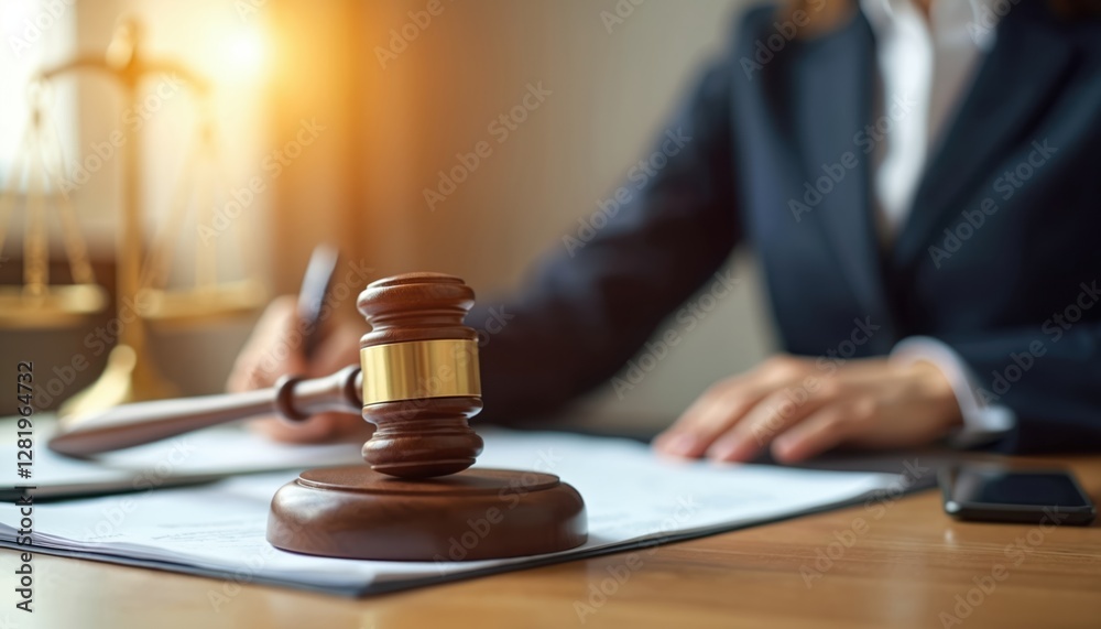 Wooden gavel in focus before blurred judge writing on paper. Scales of ...