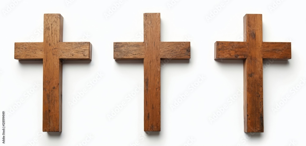 Three old brown wooden crosses on white background. Symbol of faith ...