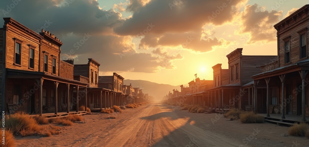Old ghost town with weathered wooden buildings under sunset cloudy sky ...