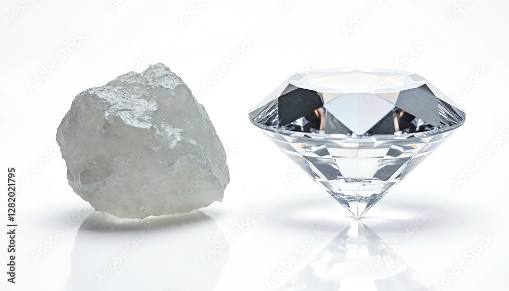 Dazzling diamond stone before, after cutting on white background ...