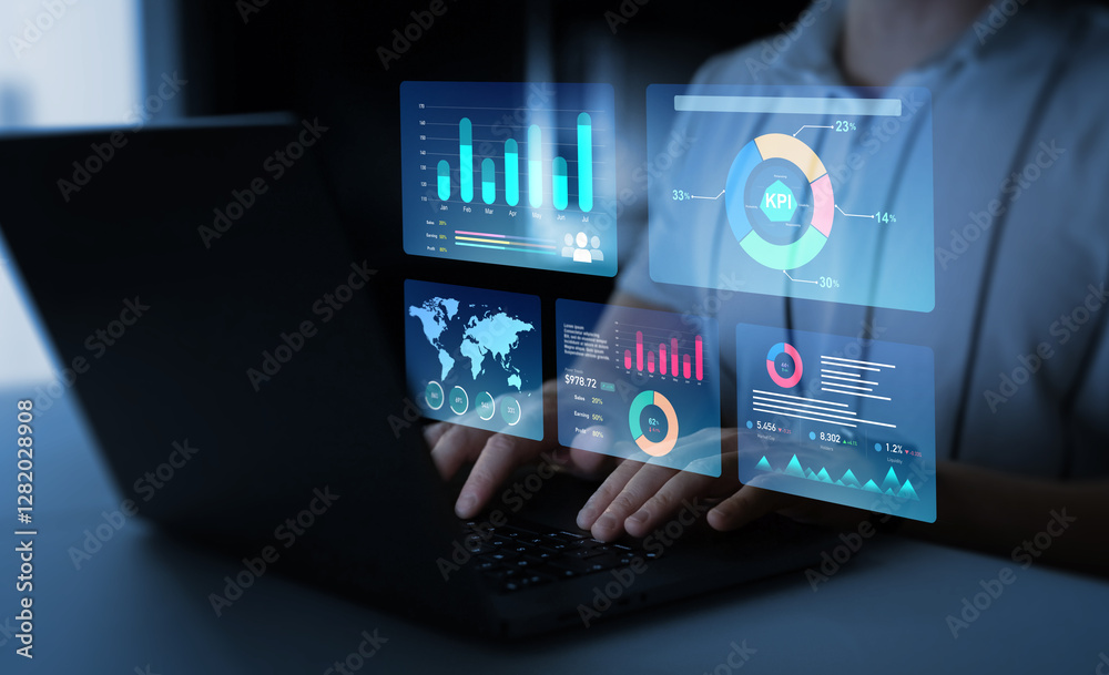 Businessman using KPI dashboard.Financial business data analytics graph ...
