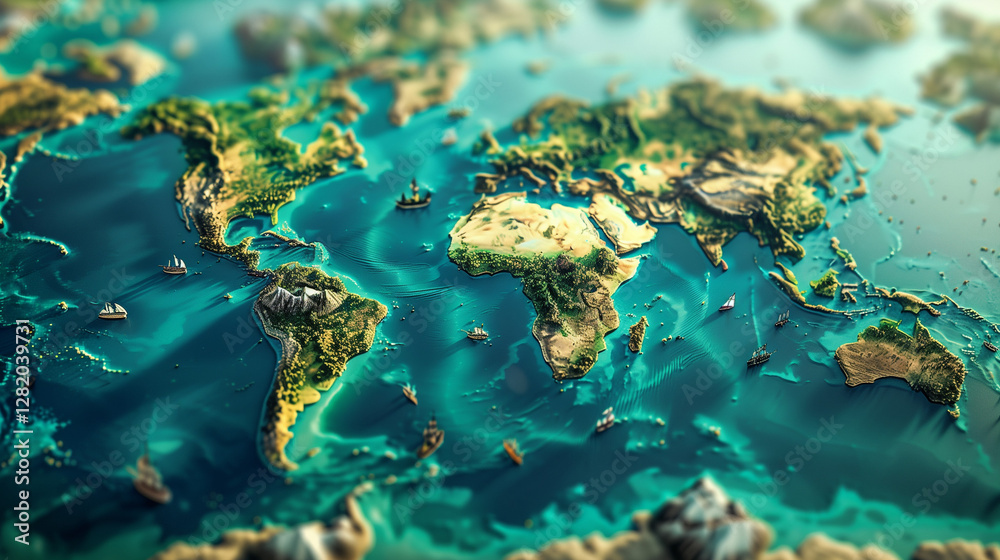 topographic world map, showing terrain on different continents, relief ...
