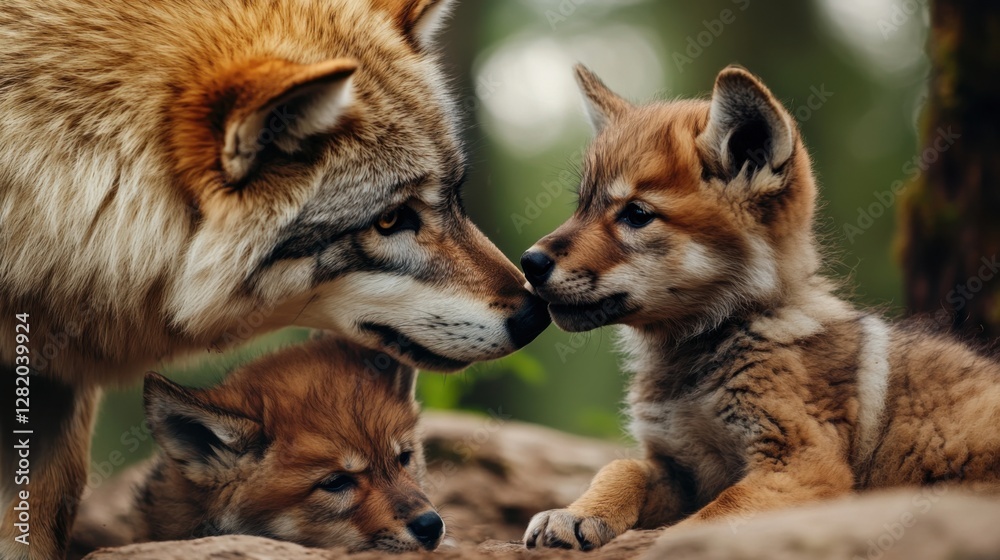 Baby wolves playing with their mother, joyful and energetic wildlife ...