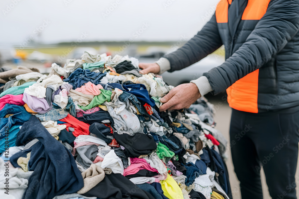 Textile recycling: Person sorting through a mountain of used clothing ...