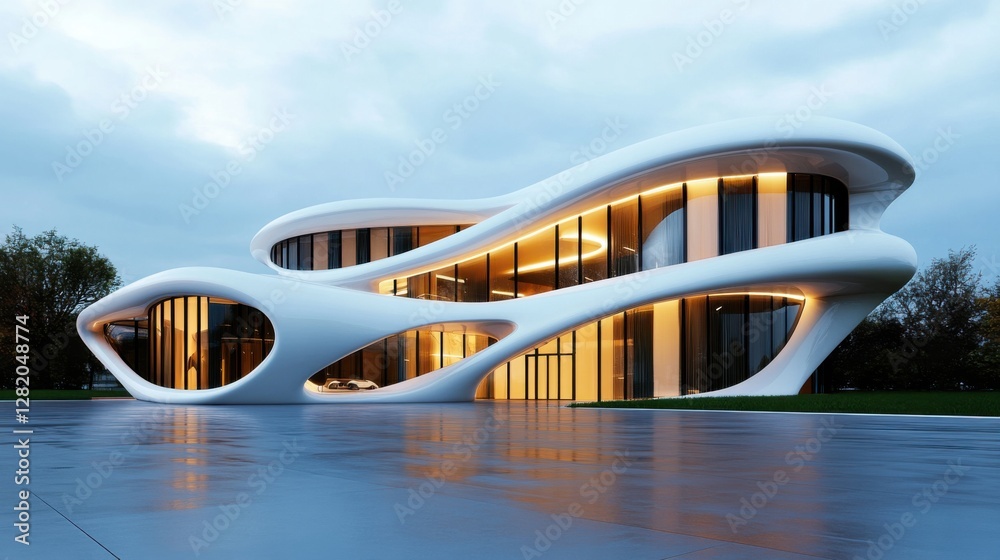 Sleek and organic-shaped building exterior, futuristic structure with smooth flowing lines ...