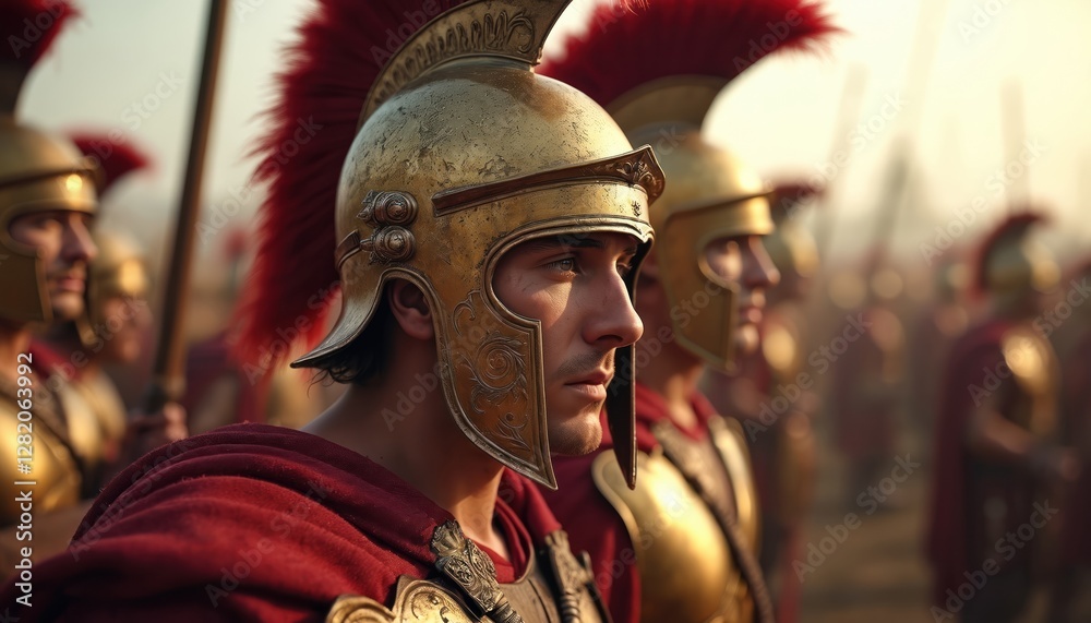 Ancient roman soldiers, face close-up portrait. Army with metal armor ...