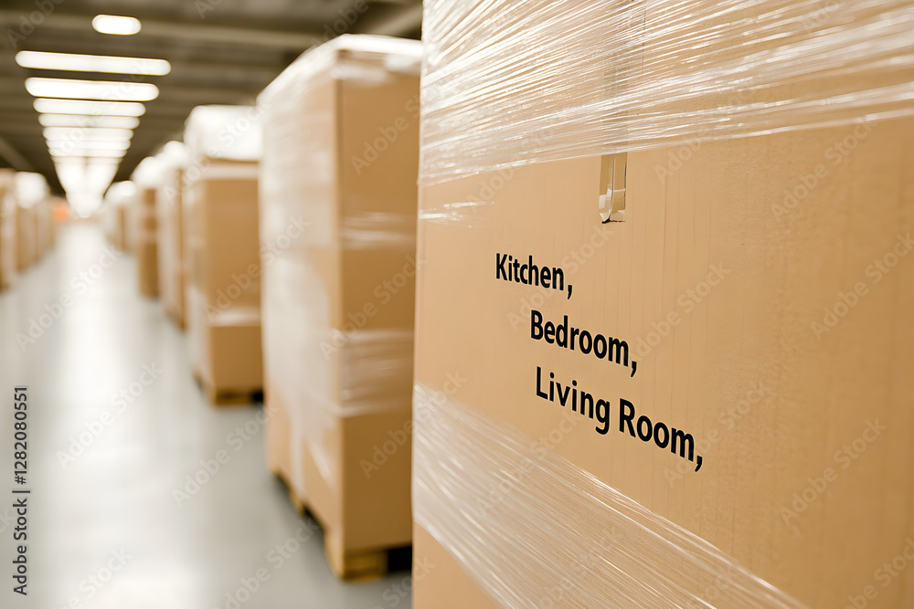 Stacked and wrapped cardboard boxes are placed one after another in a ...