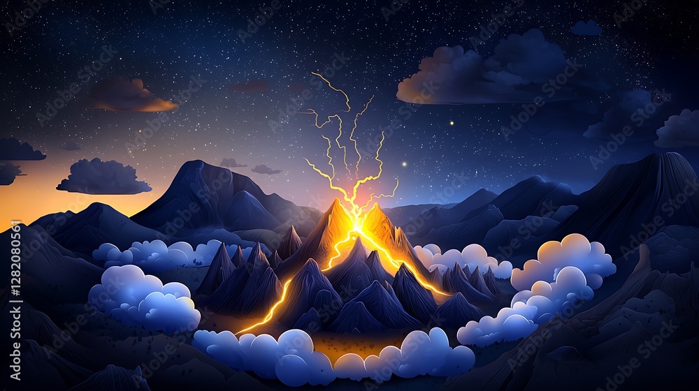 Dramatic volcanic eruption at twilight, illuminating the night sky with ...