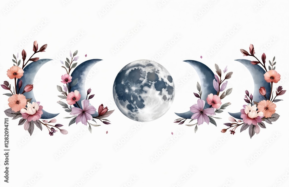 Watercolor floral moon phases illustration. Celestial bodies set on ...
