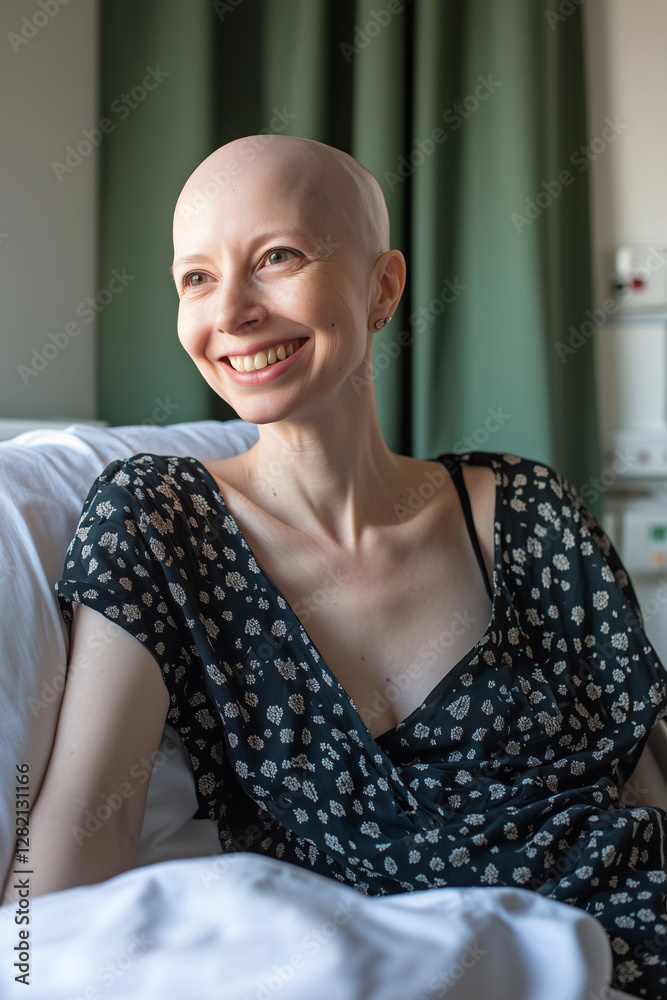 Smiling cancer patient, hospital bed, full body, hopeful, resilient ...