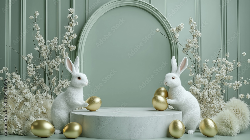 Easter Dais with golden Eggs, Hares arround Podium Golden Rabbit Easter ...