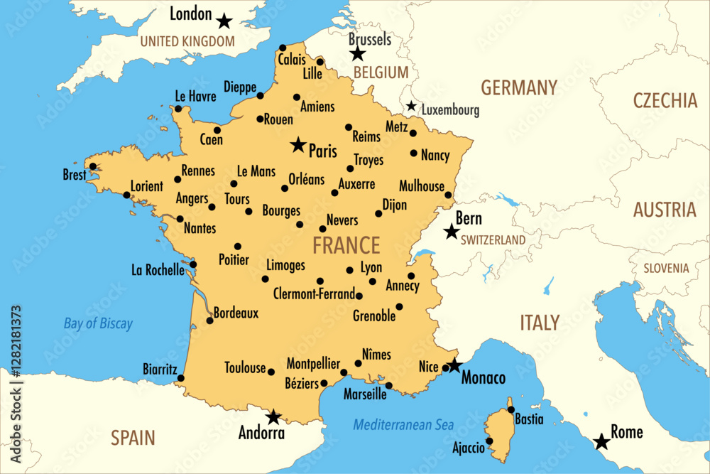 Vector Map of France with Major Cities and Neighboring Countries ...