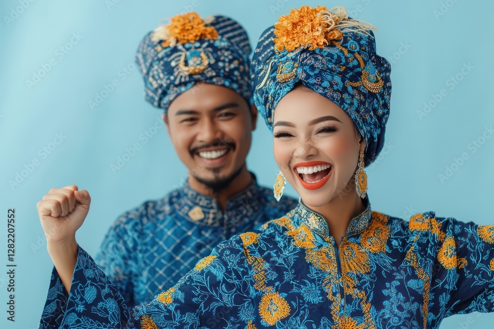 Joyful celebration of two happy government workers in blue batik ...