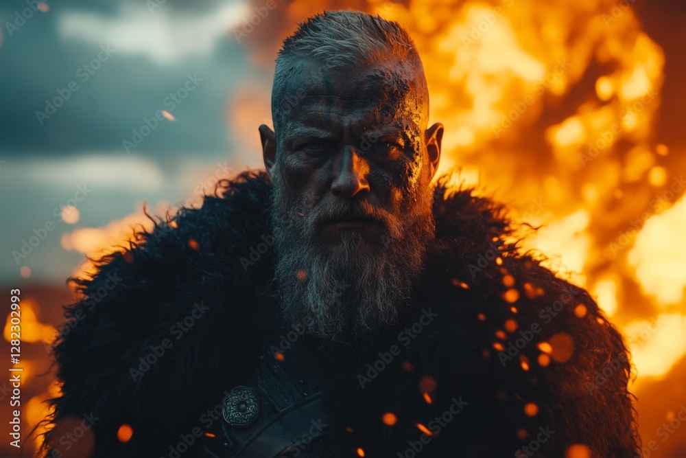 Fierce warrior stands amidst fiery backdrop in dramatic battle scene at ...