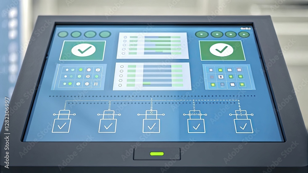 Touchscreen interface displaying a system of connected nodes, with ...