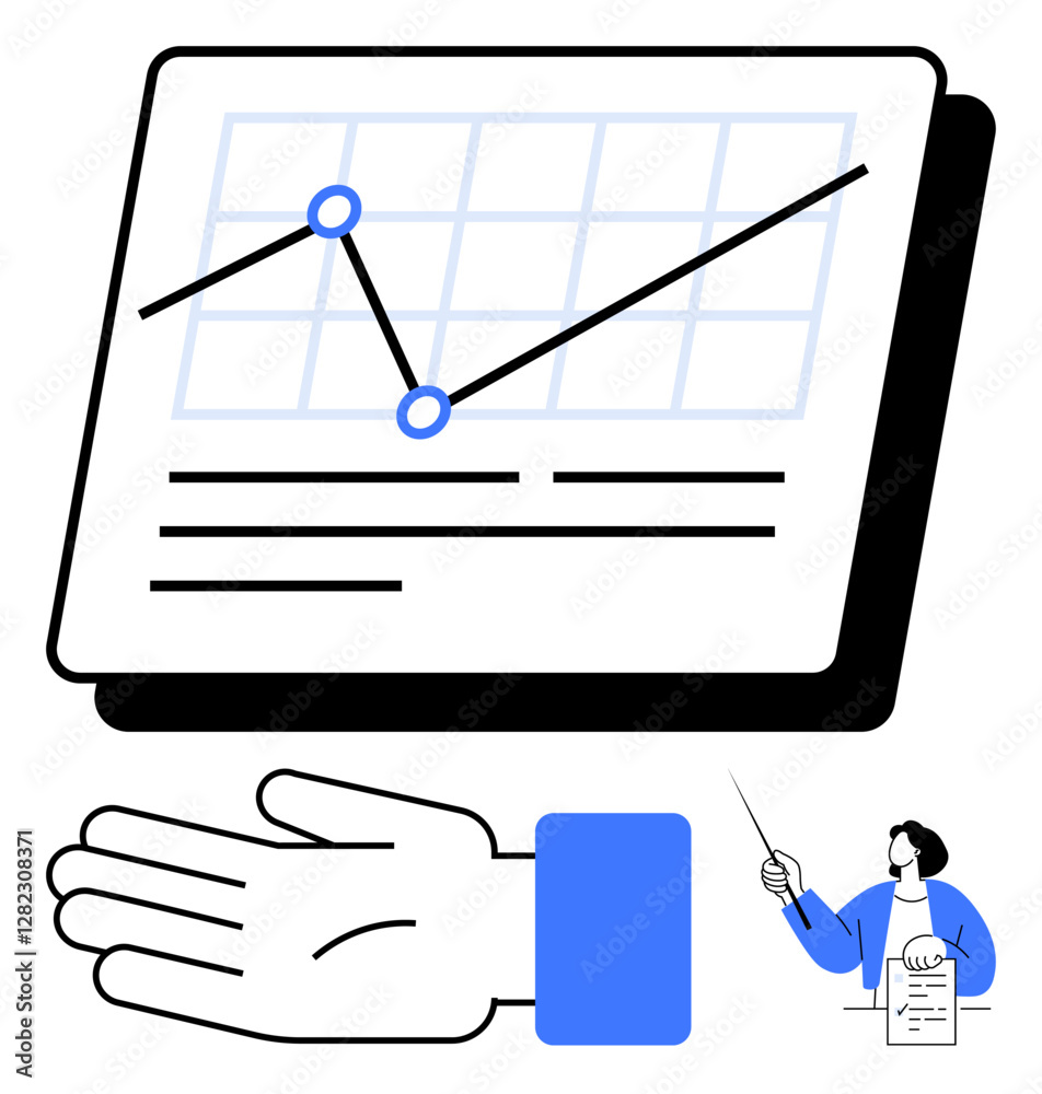 Business graph with line chart, hand gesture, character pointing at ...