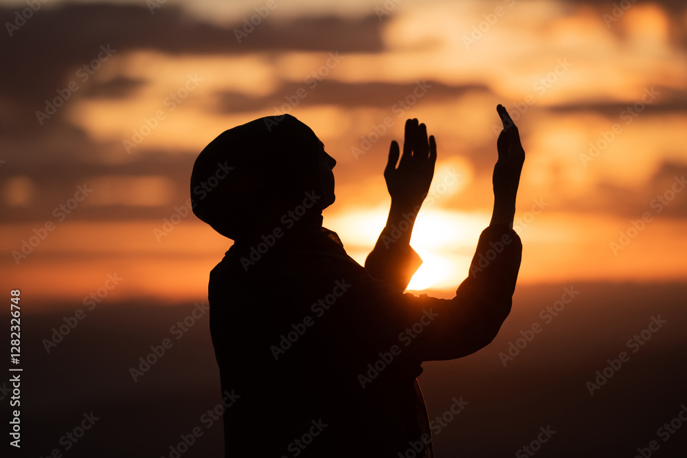 Muslim woman prayer praying with hands up open doing dua worship Allah ...