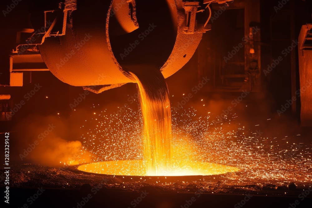 Molten steel pouring from ladle in steelworks, industrial production of ...