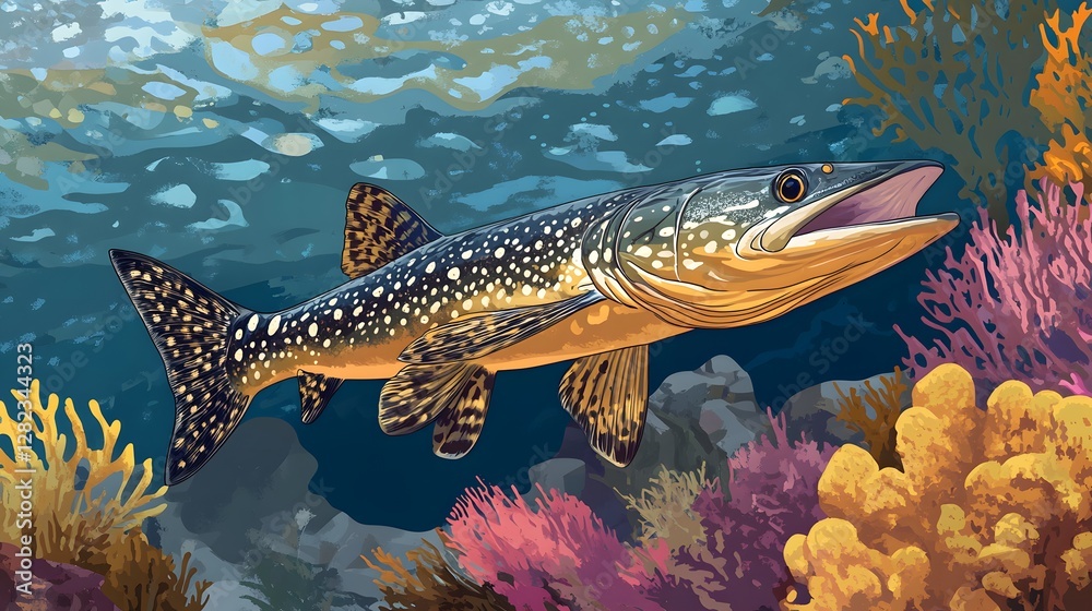 An Artistic Vector Line Drawing of a Pike in a Vibrant Underwater Scene ...