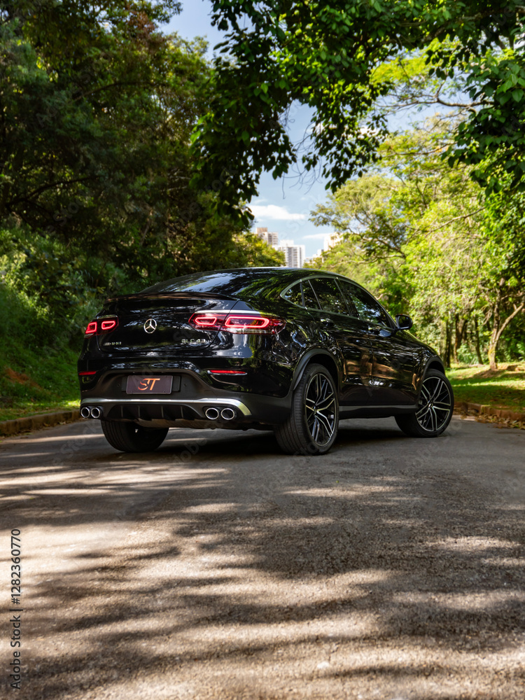 Black Mercedes Benz AMG GLC 43 rear view three quarters, Luxury SUV on ...