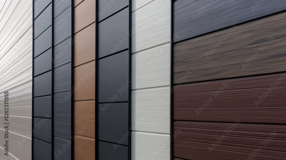 Different types of building materials displayed on a wall in a showroom ...