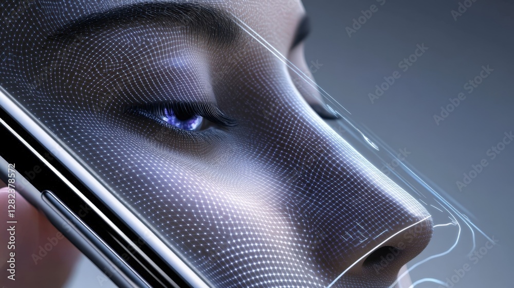 Smartphone scanning woman face with facial recognition system, creating a polygonal mesh and ...