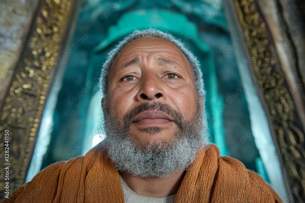 Oromo pilgrim looking inside the shrine of sufi Sheikh Hussein , Oromia ...