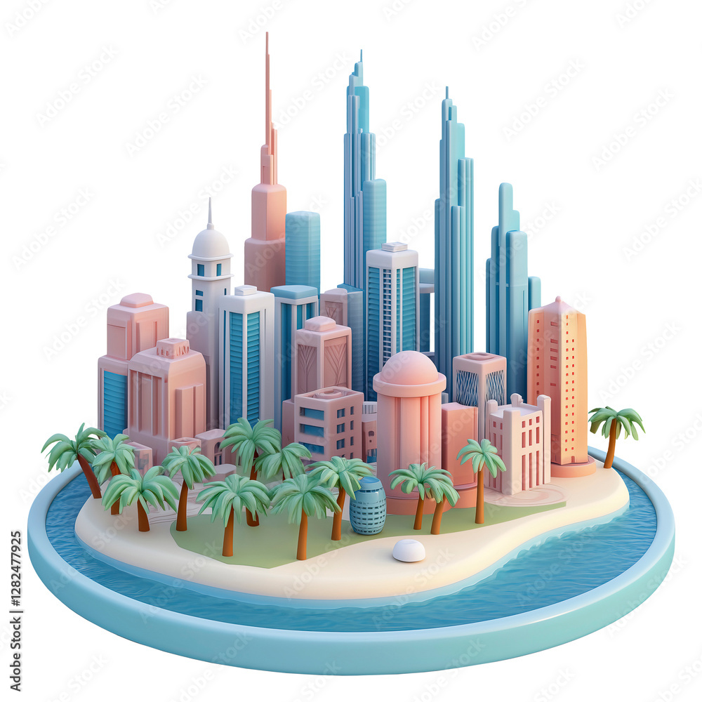 Stylized 3D Dubai City of United Arab Emirates with Modern Skyscrapers ...