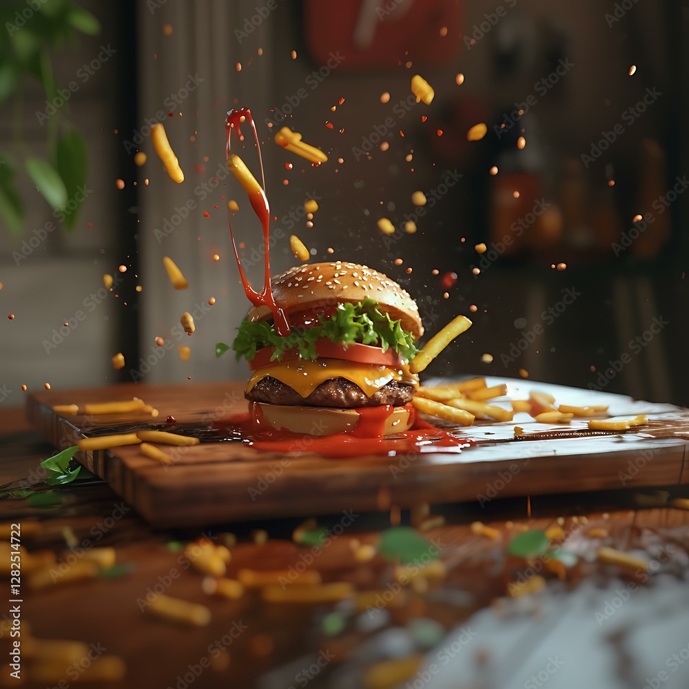/imagine Animated GIF, burger being assembled, cheese melting, fries ...