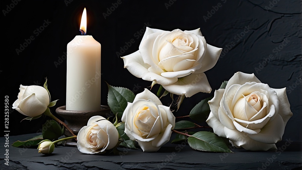 "White Candle with Roses and Flower Petals: Funeral Memorial, Sympathy ...