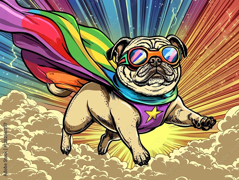 Superhero pug dog wearing rainbow cape and lightning bolt goggles ...
