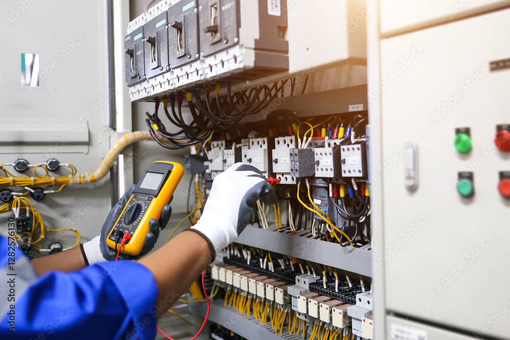 Electrical service technician holding electricity checking equipment to ...