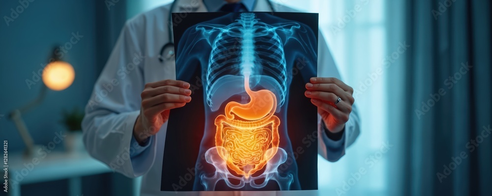 Doctor holds X-ray of abdomen with highlighted digestive organs ...