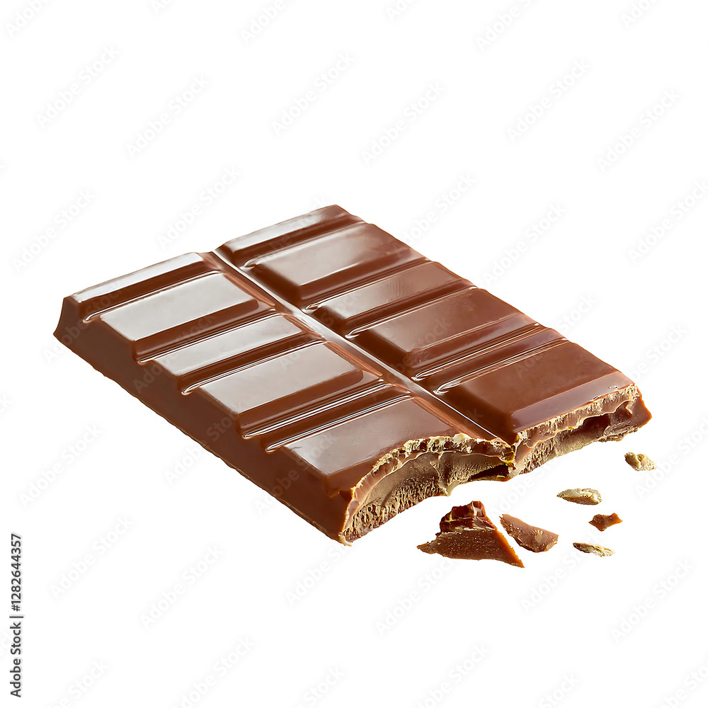 Chocolate bar with a smooth glossy surface and a single bite taken from ...